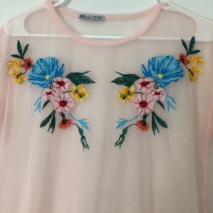 Zara | Tops | Zara Sheer Embroidered Pink Tee | Poshmark